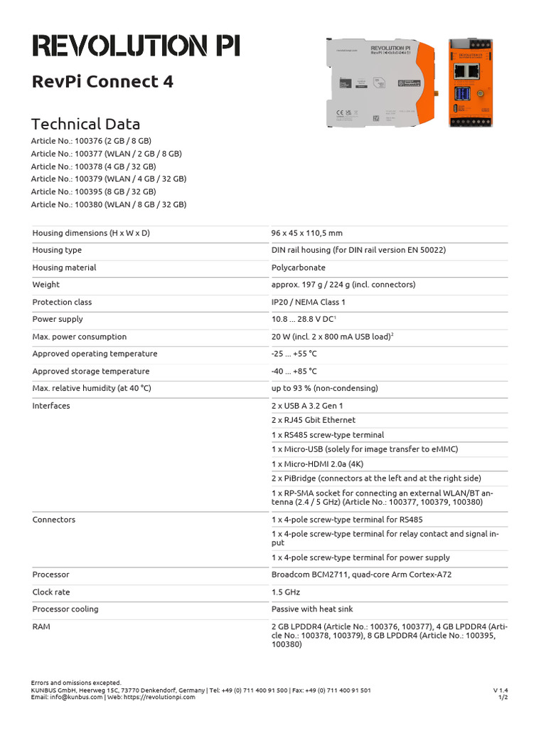 Technical Datasheet RevPi Connect-4 | PDF | Input/Output | Usb