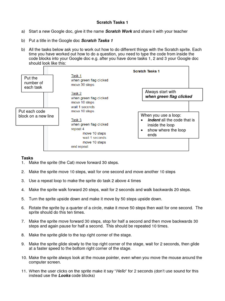 Scratch Tasks 1 | PDF | Scratch (Programming Language) | Cursor (User Interface)