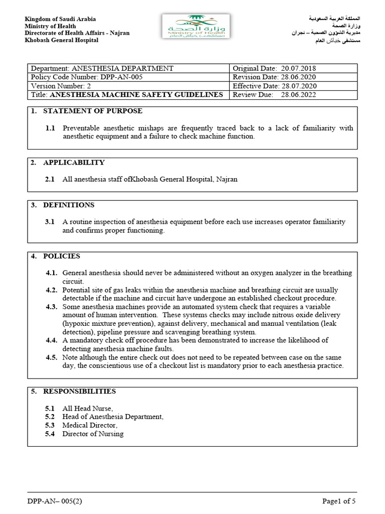 Anesthesia Machine Safety Protocols | PDF | Anesthesia | Gases
