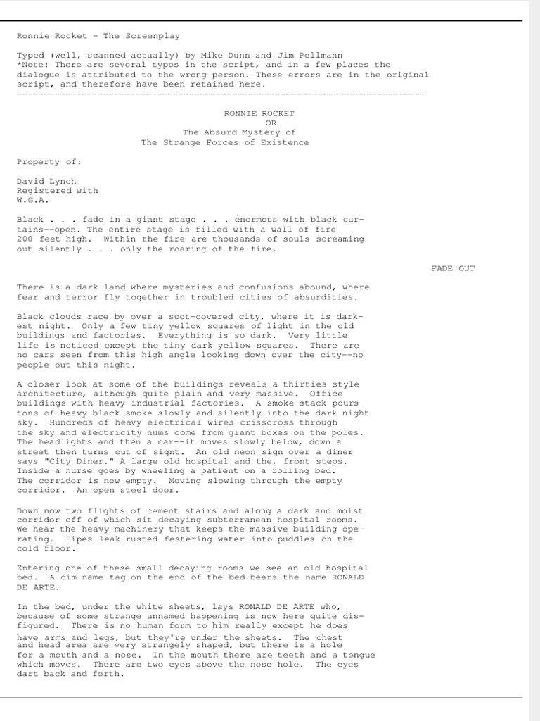 Ronnie Rocket: Lynch's Absurd Screenplay | PDF
