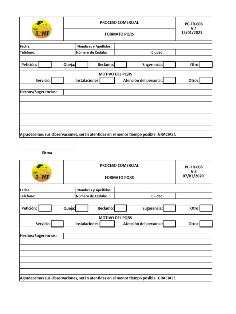 Pc-fr-006 Formato de Pqrs v.4 .21 | PDF