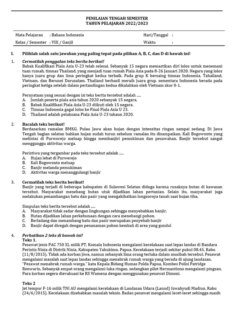 Soal Pts Bind Kelas VIII | PDF | Perjalanan | Kajian Bahasa Asing