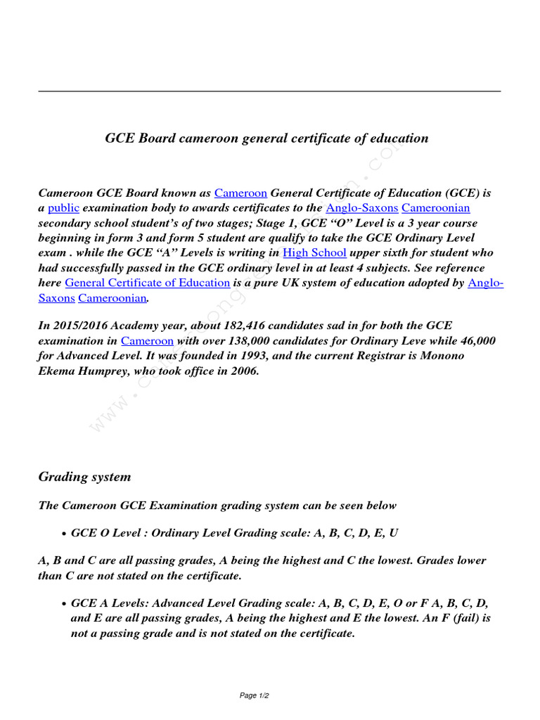 GCE Board Cameroon General Certificate of Education | Download Free PDF ...