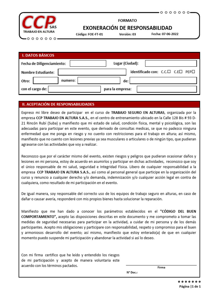 FOE-FT-01 Exoneración de Responsabilidad V3 | PDF