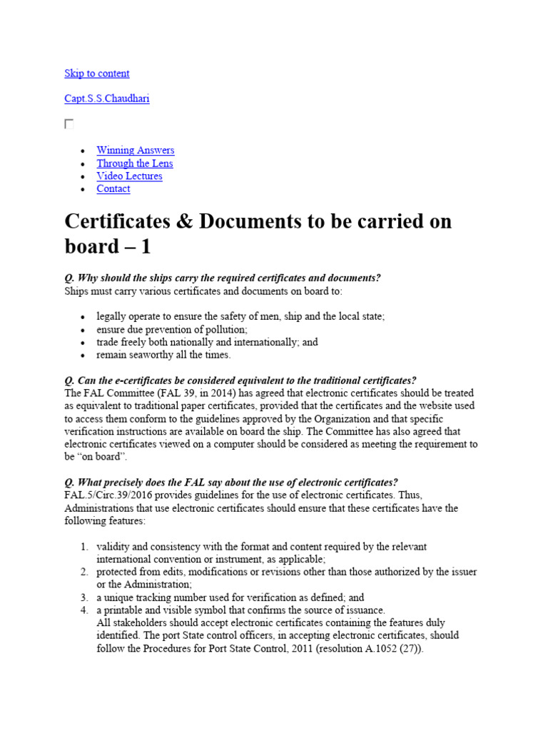 Certificates AND Documents To Be Carried On Board 1-SSC | PDF | Ships ...
