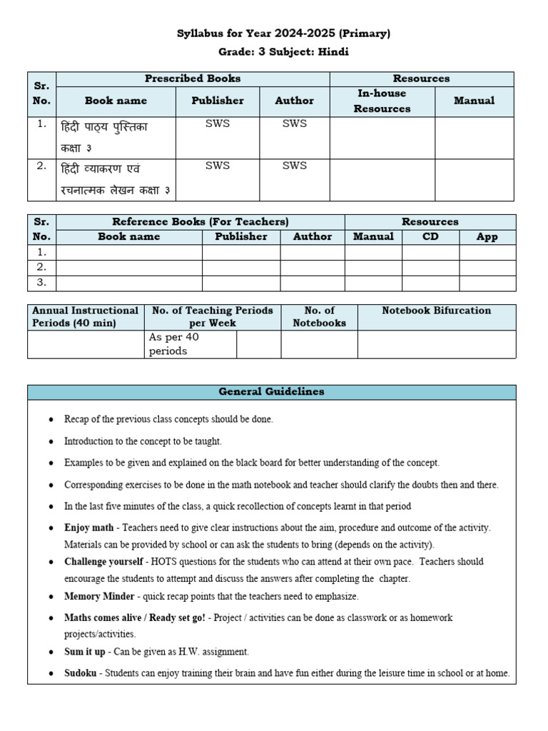 Acis - Grade 3 - Hindi - Year Plan (2023-24) | PDF