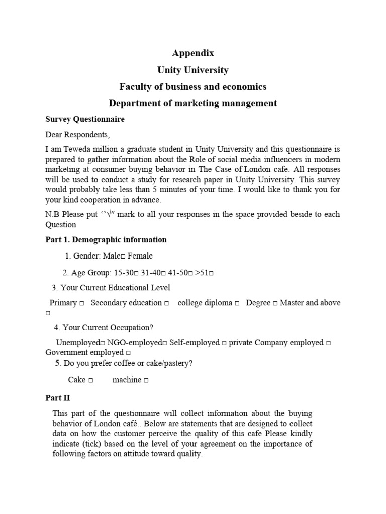 Appendix Unity University Faculty of Business and Economics Department ...