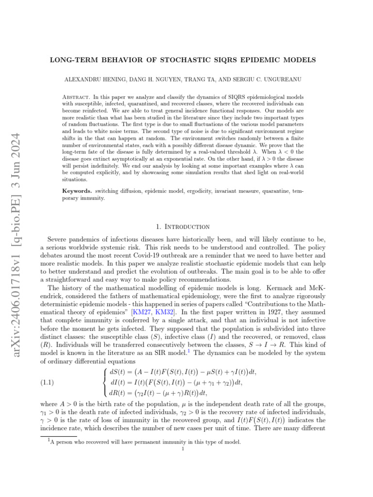 Long-Term Behavior of Stochastic Siqrs Epidemic Models | PDF | Stochastic Process | Stochastic ...