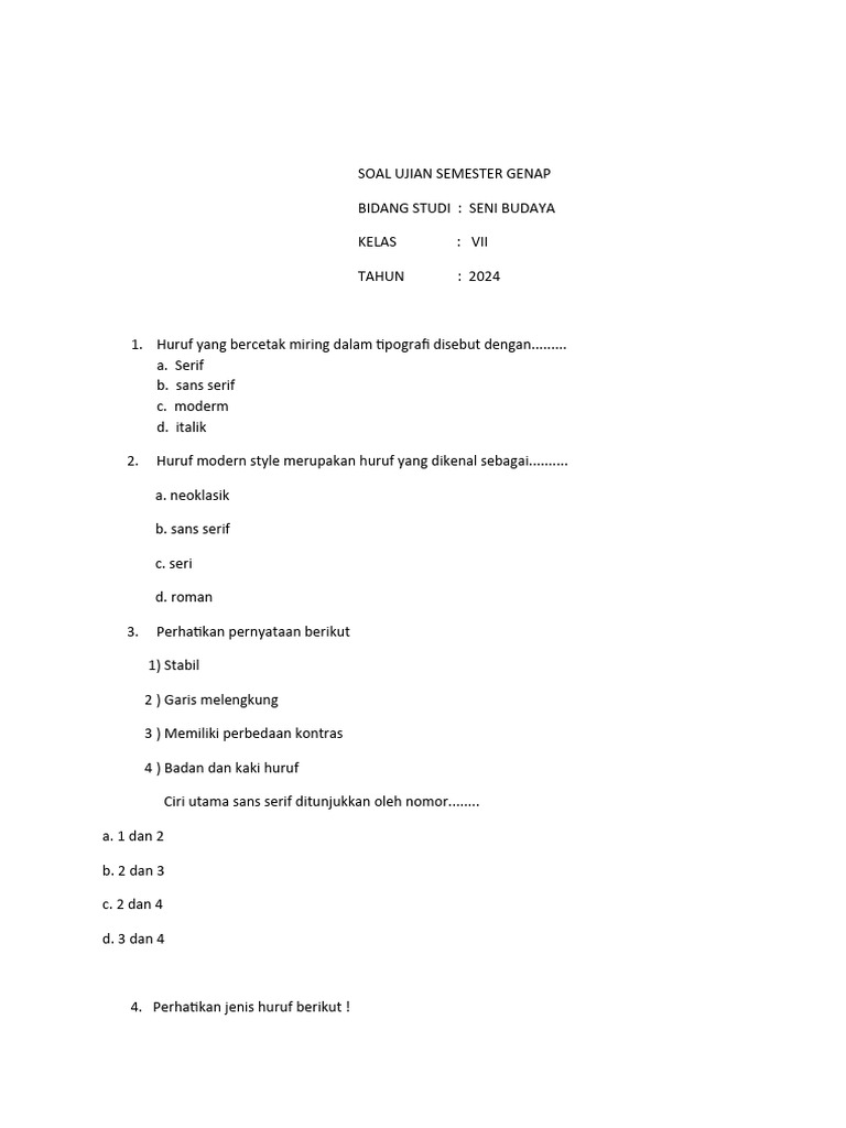 Soal Ujian Semester Genap 2024 | PDF | Griya & Taman | Seni