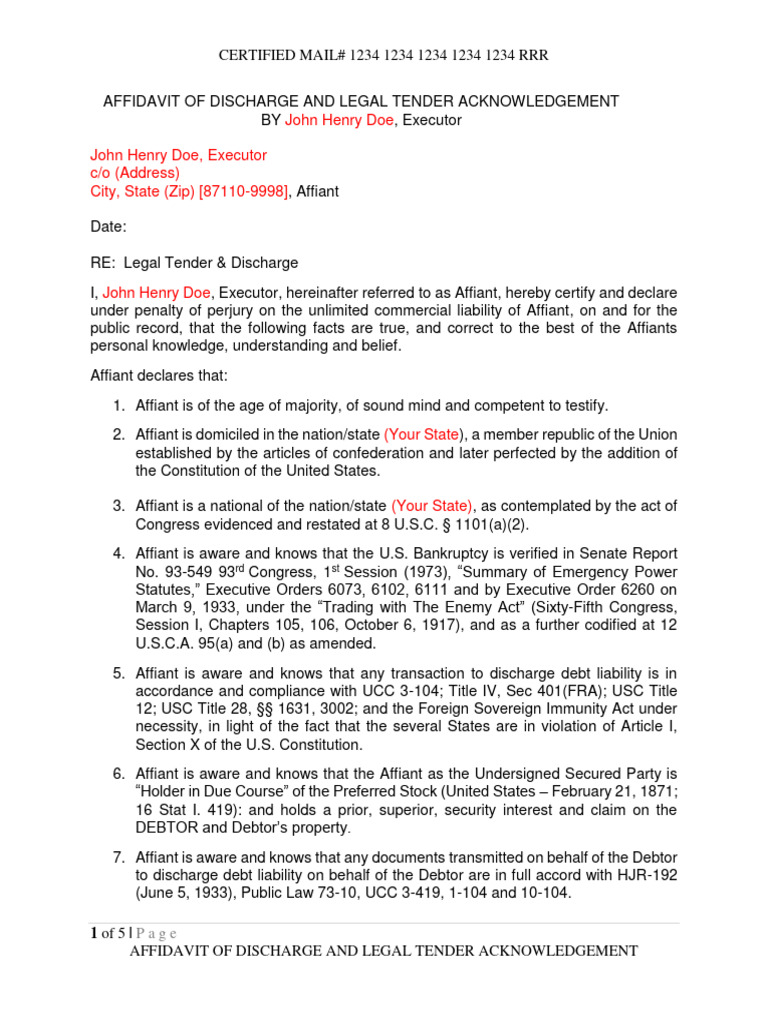 Affidavit of Discharge & Legal Tender | PDF | Money | Affidavit