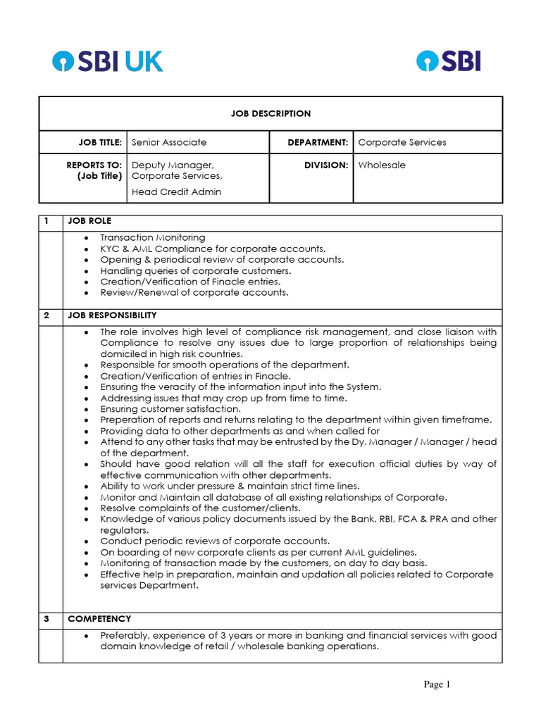 Senior Associate Job Description - Corporate Services | PDF ...