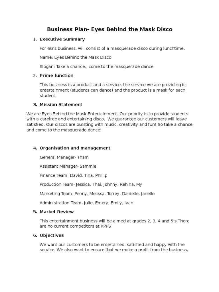 Masquerade Disco Business Plan | PDF | Business Economics | Business