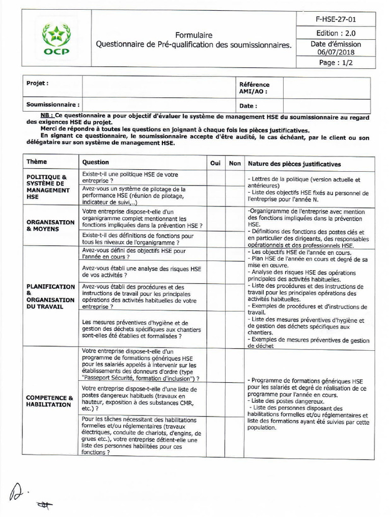 F-HSE-27-01 Formulaire Questionnaire de pré-qualification des soumissionnaires (1) | PDF