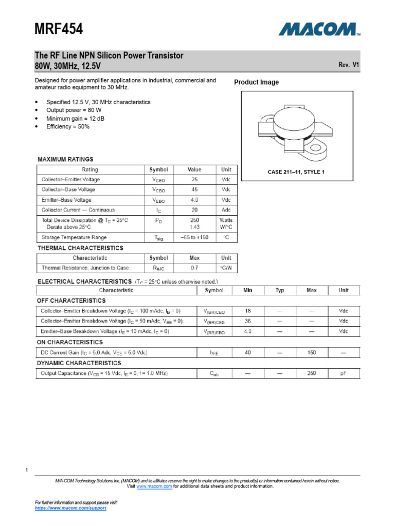 MRF454 | PDF | Bipolar Junction Transistor | Amplifier