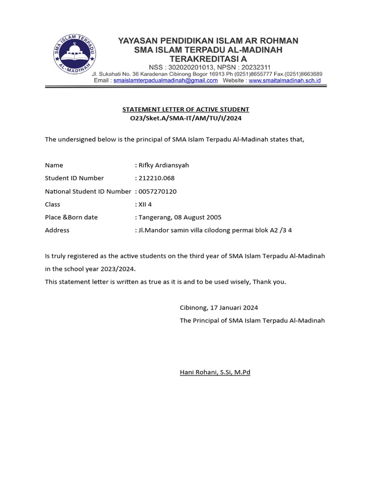 Active Student Status Statement Letter | PDF