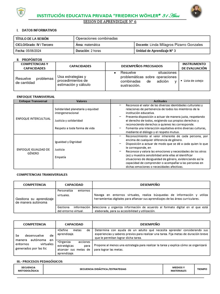 SesiÓn 6 MatemÁtica Operaciones Combinadas Pdf Aprendizaje