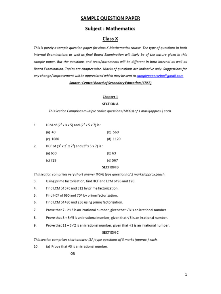Sample paper Maths | PDF | Circle | Numbers