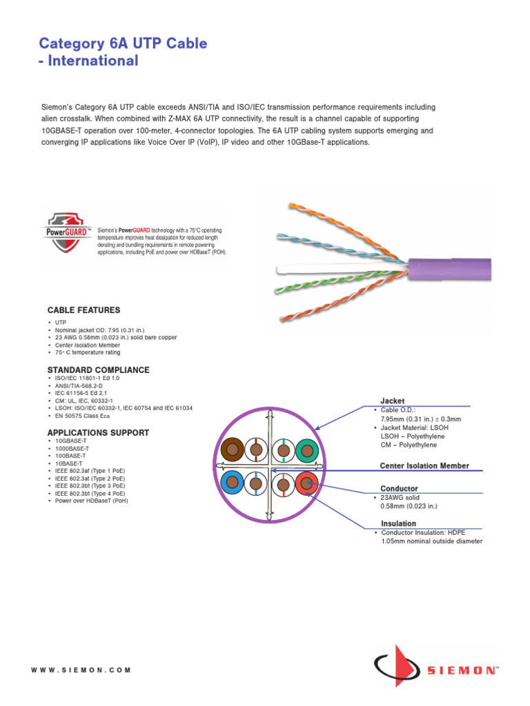 Siemon Category 6a Utp Lsoh International - Spec Sheet | PDF | Electrical Components | Electronics
