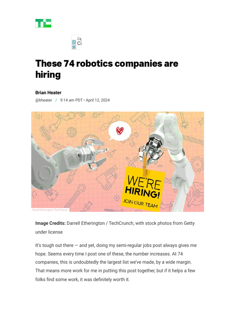 These 74 Robotics Companies Are Hiring - TechCrunch | PDF | Robotics ...