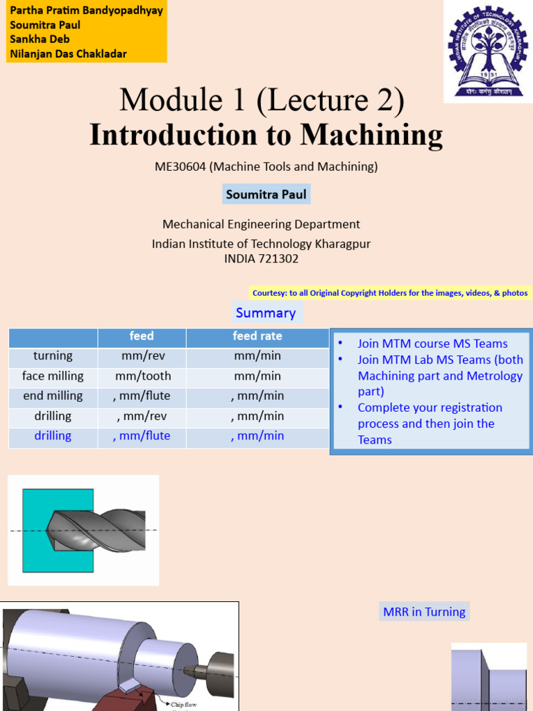 MTM 2024 Mod 1 Lec 2 | PDF | Machining | Drilling