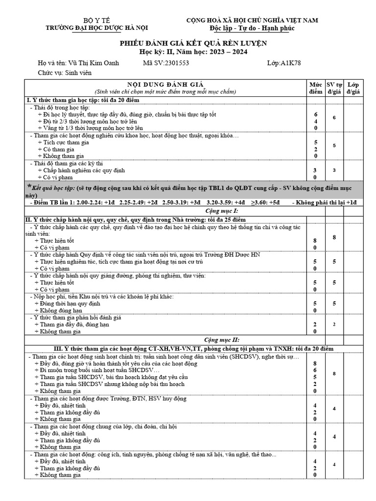 Phieu DRL Năm 1 Kì 2 | PDF