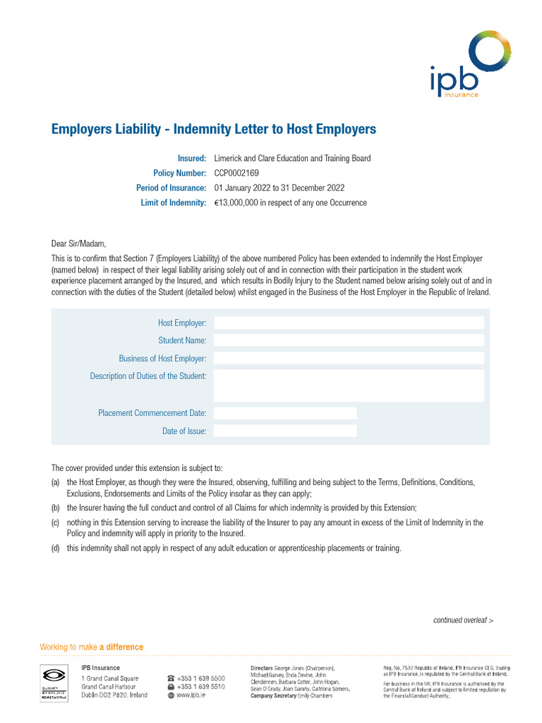 2nd Letter Indemnity | PDF | Indemnity | Liability Insurance