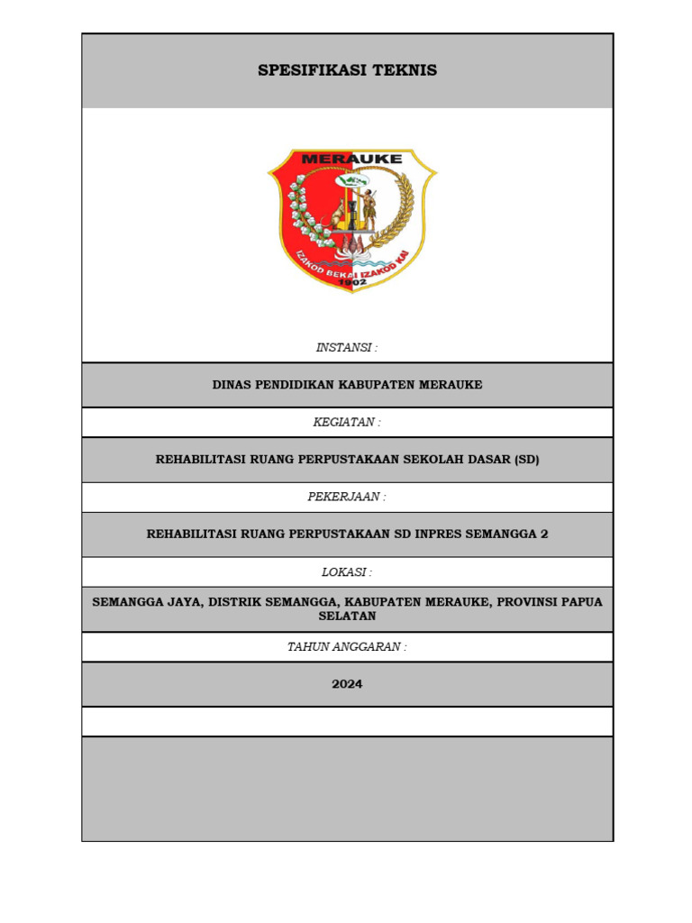 Spektek Rehab Ruang Perpustakaan SD Inpres Semangga 2 | PDF