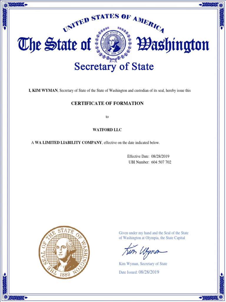 Watford LLC Formation Certificate WA | PDF