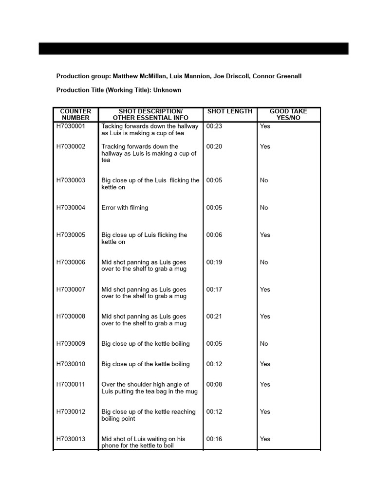 Logging Sheet For Short Film | PDF | Profanity