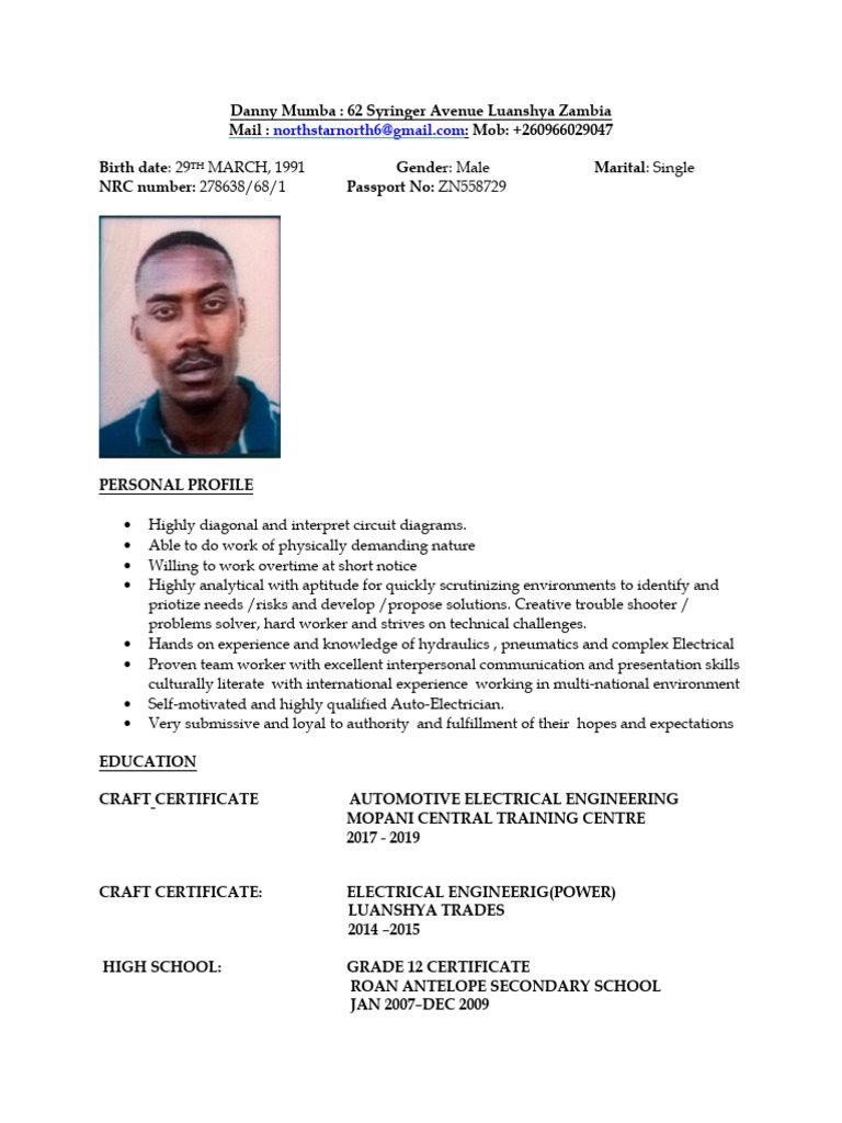1610446909156_CURRICULUM VITEA DANNY MUMBA CV(2) | PDF | Electrician | Loader (Equipment)