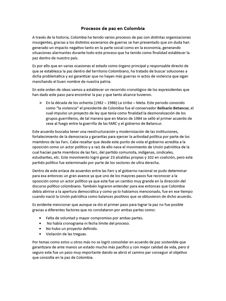 Resumen del Proceso de Paz en Colombia | PDF | Colombia