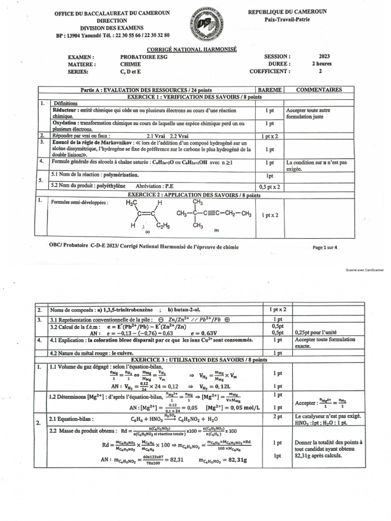 Corrigé Harmonisé Prob Chimie C, D, e 2023 | PDF