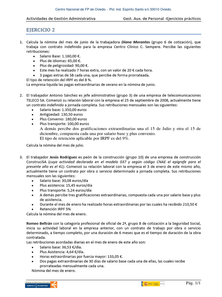 Ejercicio2 Nominas | PDF | Salario | Relaciones laborales