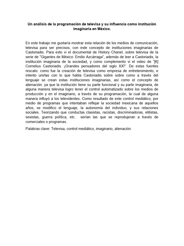 Un Análisis de La Programación de Televisa y Su Influencia Como ...