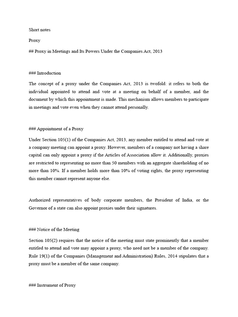 Short Notes Company Law | PDF | Insider Trading | Proxy Voting