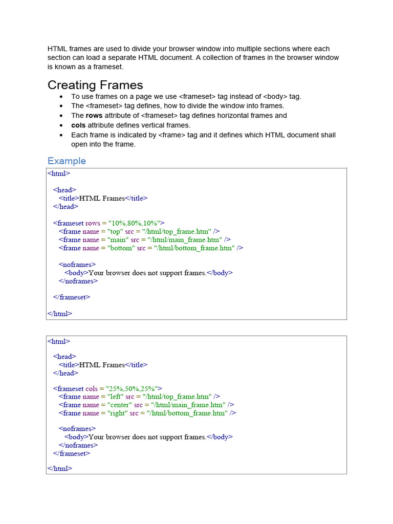 HTML Frames Are Used To Divide Your Browser Window Into Multiple Sections Where Each Section Can ...