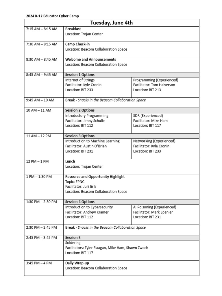 2024 k12 Education Camp Schedule Final | PDF