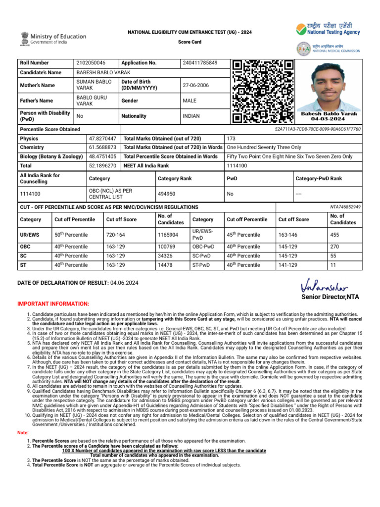NEET UG 2024 Score Card Details | PDF