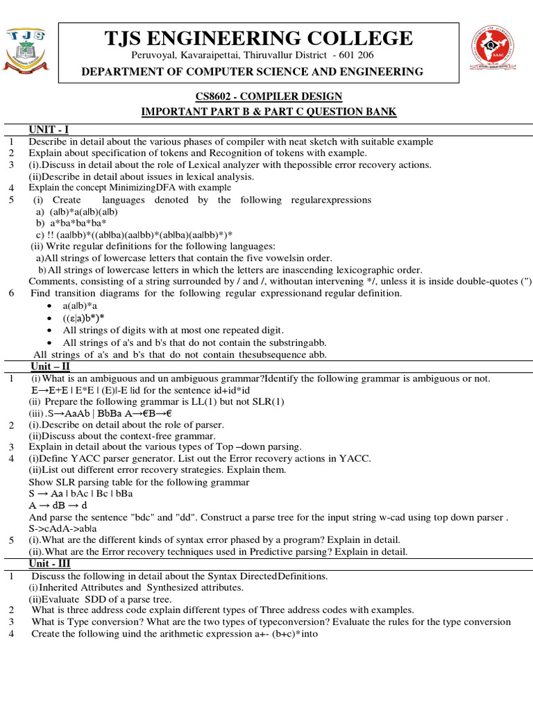 Cs8602-CD (Partb & C) | PDF | Parsing | Grammar Cs8602-CD (Partb & C) | PDF | Parsing | Grammar