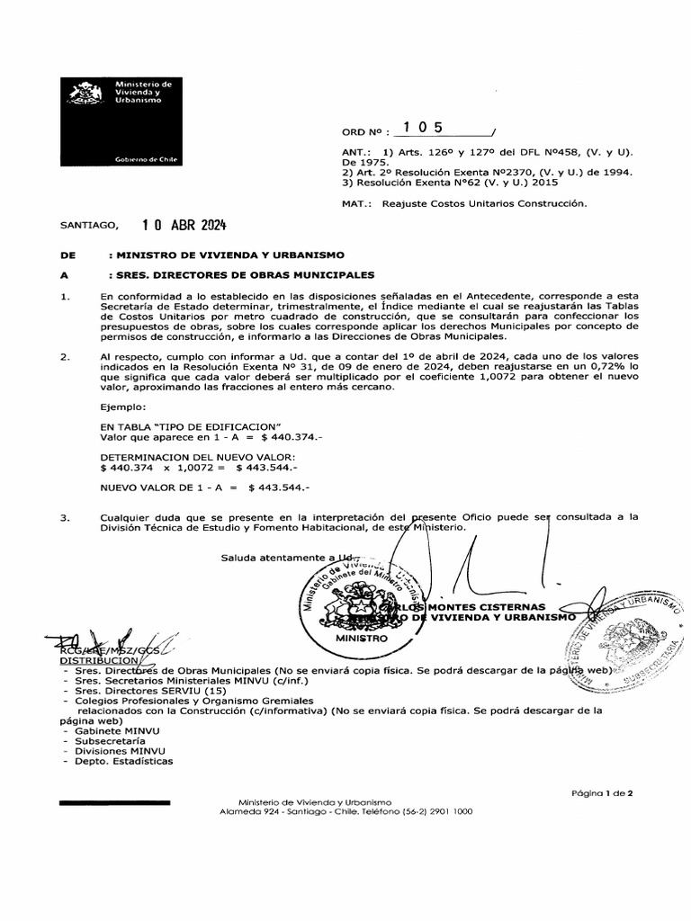 Oficio Ord N105 de Fecha 10042024 Reajuste Costos Unitarios de ...