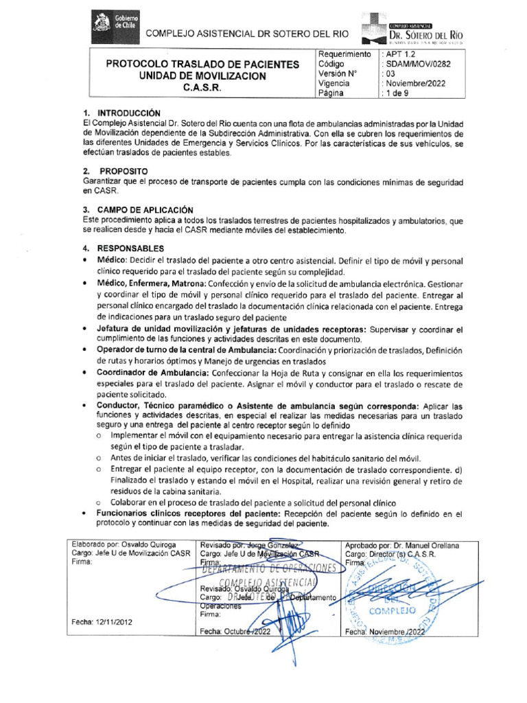 Protocolo Traslado de Pacientes Unidad de Movilización CASR v.3 | PDF ...