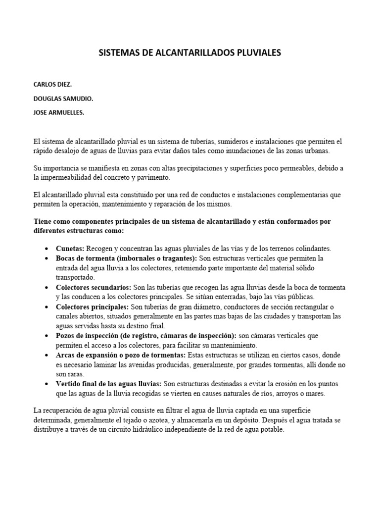 Resumen - Sistemas de Alcantarillados Pluviales - 093857 | PDF | Alcantarillado | Agua