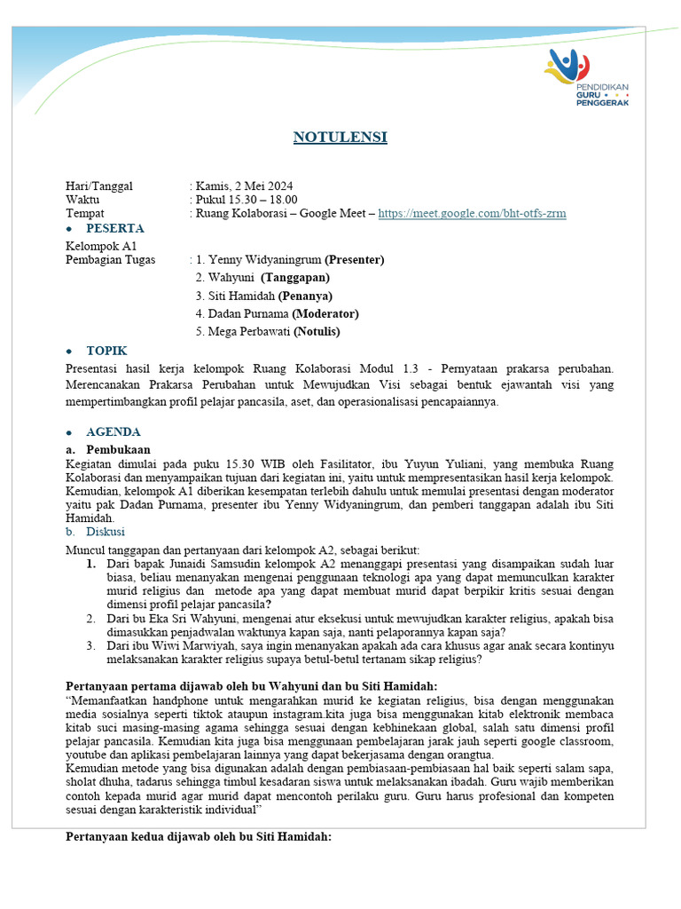 Notulensi Ruang Kolaborasi Modul 1.3 Kelompok A1 | PDF | Karier & Perkembangan