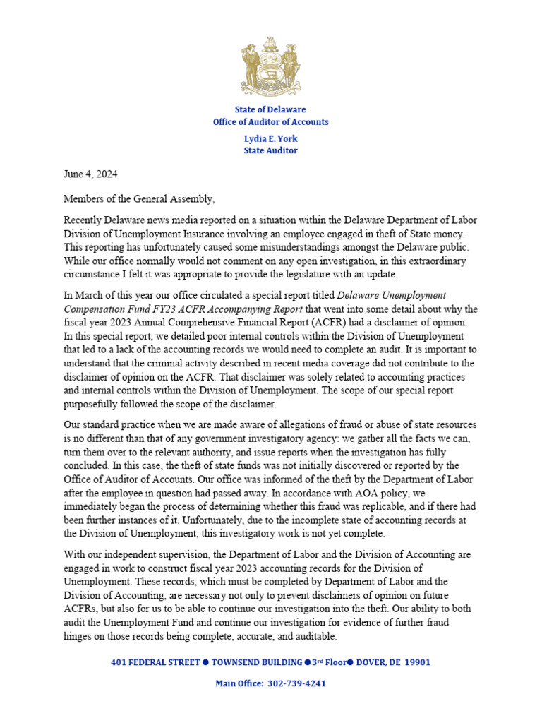 Delaware Auditor of Accounts letter to General Assembly | PDF | Audit ...