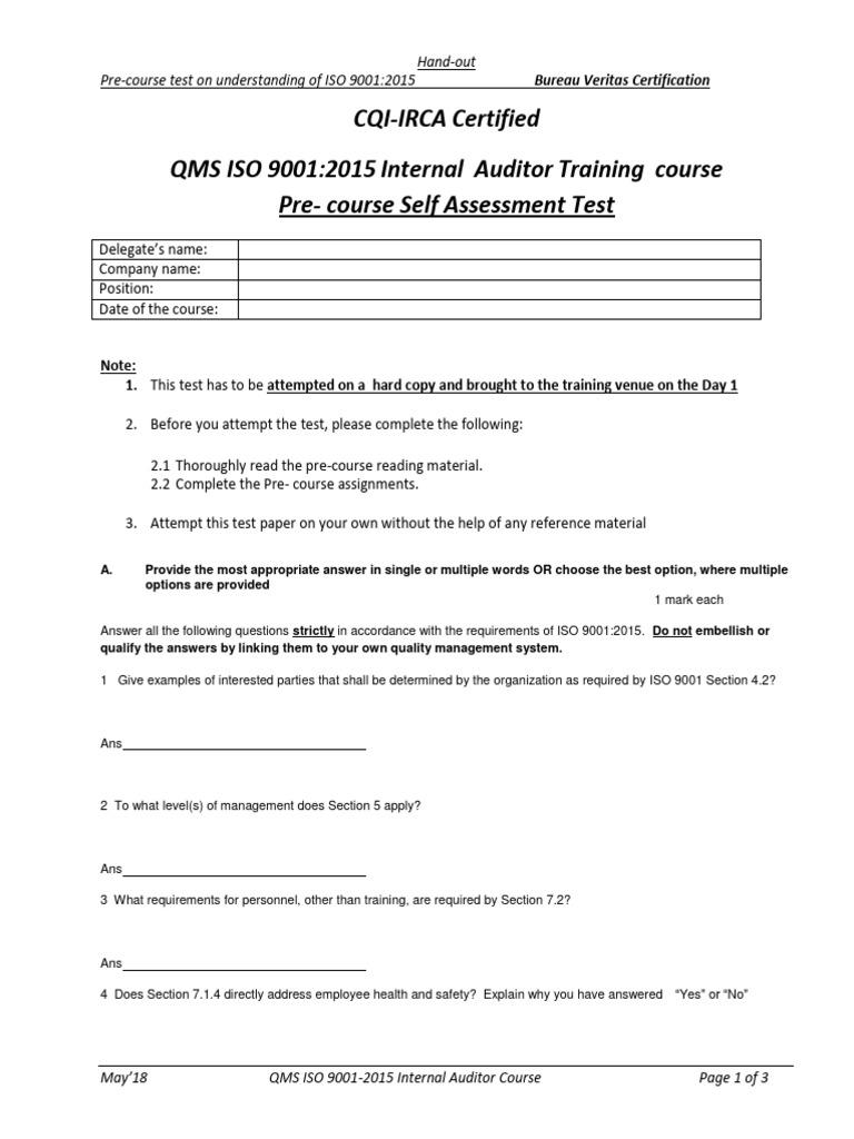 Pre Course-Self Assessment Test | PDF | Iso 9000 | Quality Management