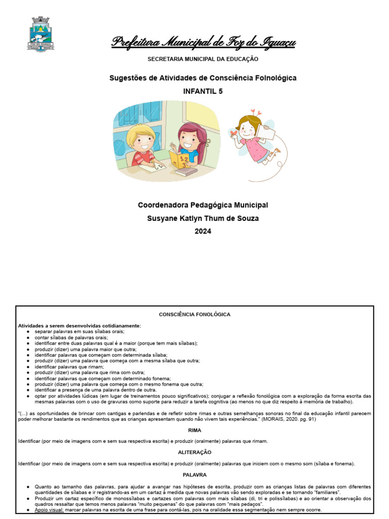 Sugestões de Atividades de Consciência Fonológica Inf 5 | Download grátis PDF | Sílaba | Escrita