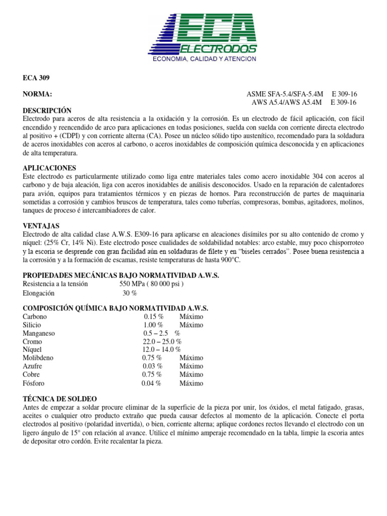 Electrodo E309-16 para Soldadura ECA | PDF | Acero inoxidable ...