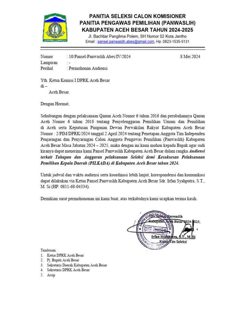 Surat RDP Dengan Komisi I DPRK TGL 8 Mei 2024 | PDF