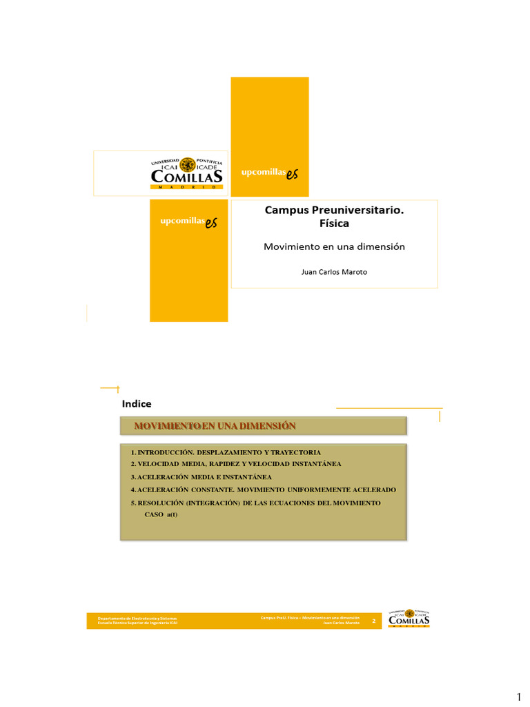 Campus PreU Física T1 Movimiento en 1 Dim - Icai | PDF | Aceleración | Velocidad