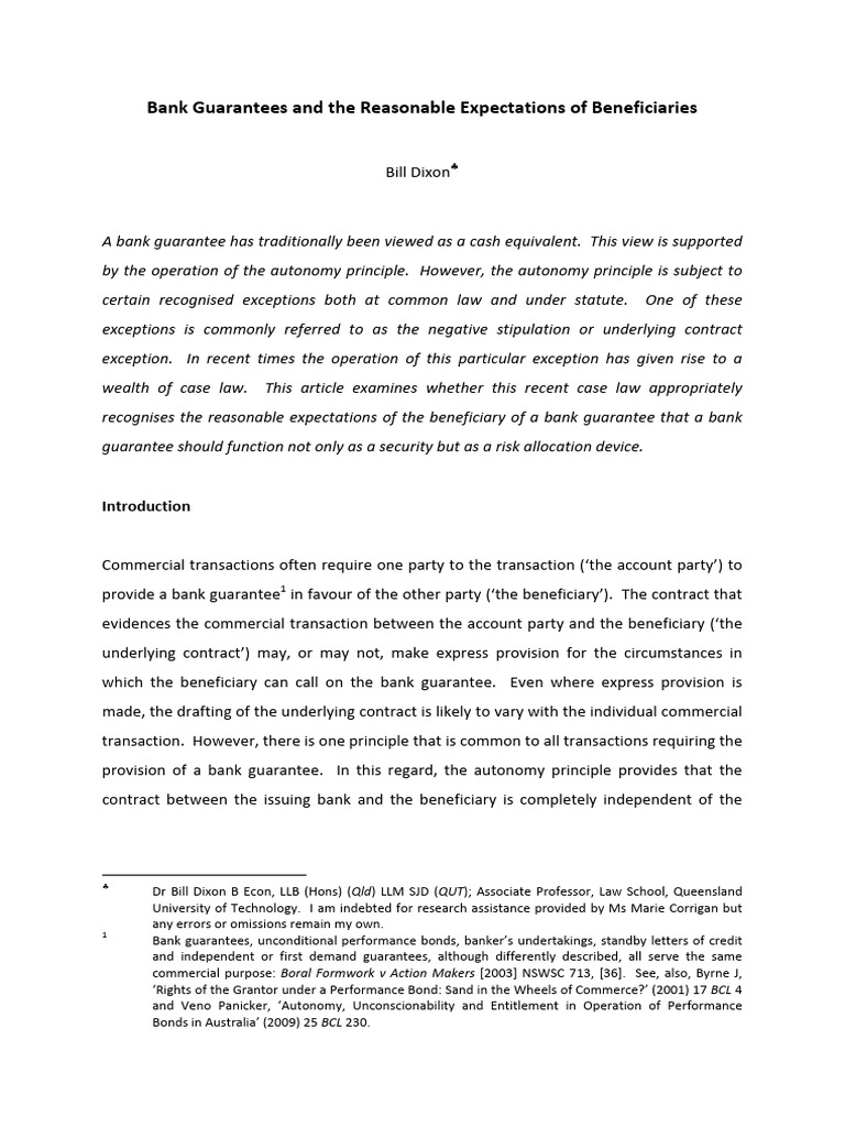 Bank Guarantees and The Reasonable Expectations of Beneficiaries | PDF ...